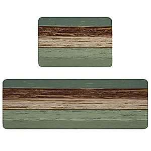 2 PCS Cushioned AntiFatigue Kitchen Mats and Rugs,Teal Turquoise Absorbent Floor Bath Door Mat Non-Slip Doormat Accent Runner Carpet Washable Comfort Standing Mat Rustic Wood Grain Vintage Sage Green