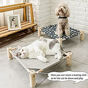 Babyezz Cat and Dog Hammock Bed, Wooden cat Hammock Elevated Cooling Bed, Detachable Portable Indoor/Outdoor pet Bed, Suitable for Cats and Small Dogs (Gray Grid)