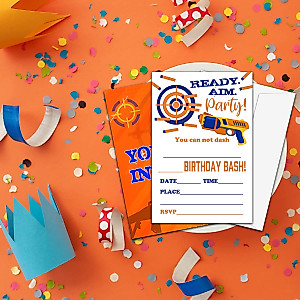 NYCTUG Blaster Gun Birthday Invitation(4" X 6"), Dart War Party Double-Sided Invites- 20 Invitations With Envelopes-Personalized Party Supplies-A26