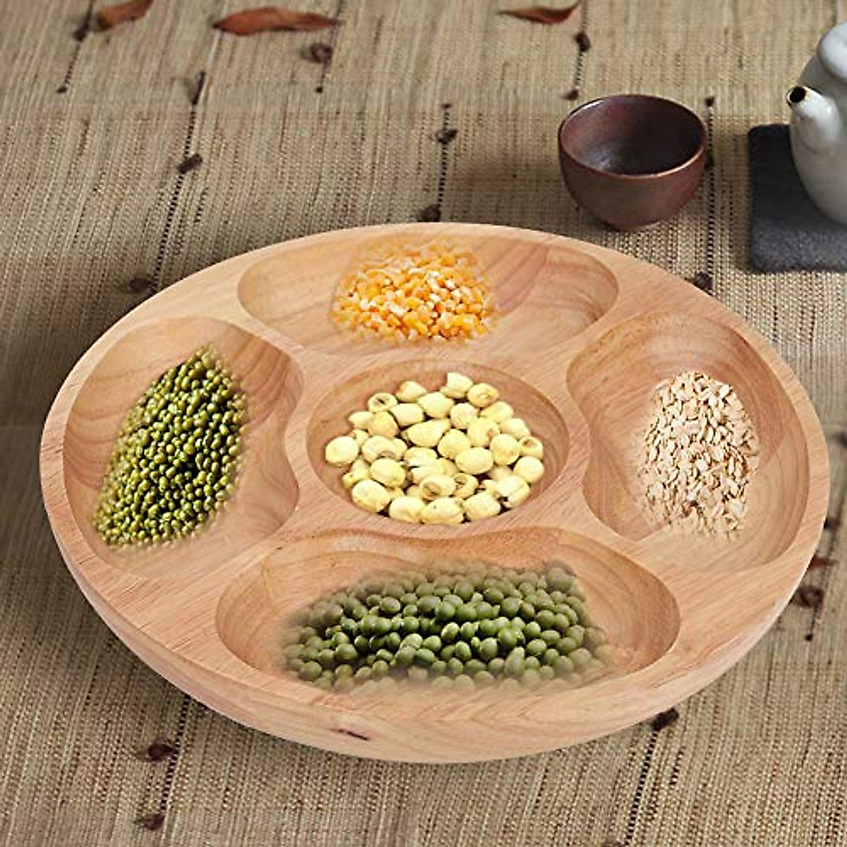 Round Serving Tray in Wood Wooden Food, Coffee Snack Trays All Natural Vegan Friendly Coasters Decorative Platter Cheese Board Dinner Set Perfect for Parties Holidays Family Breakfast Dinners Tea