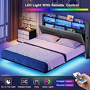 YITAHOME Queen Size Floating Bed Frame, Upholstered Platform Bed with Hidden Storage Headboard, RGB Bed Frame with USB-C/A Charging Station, No Box Spring Needed, Gray