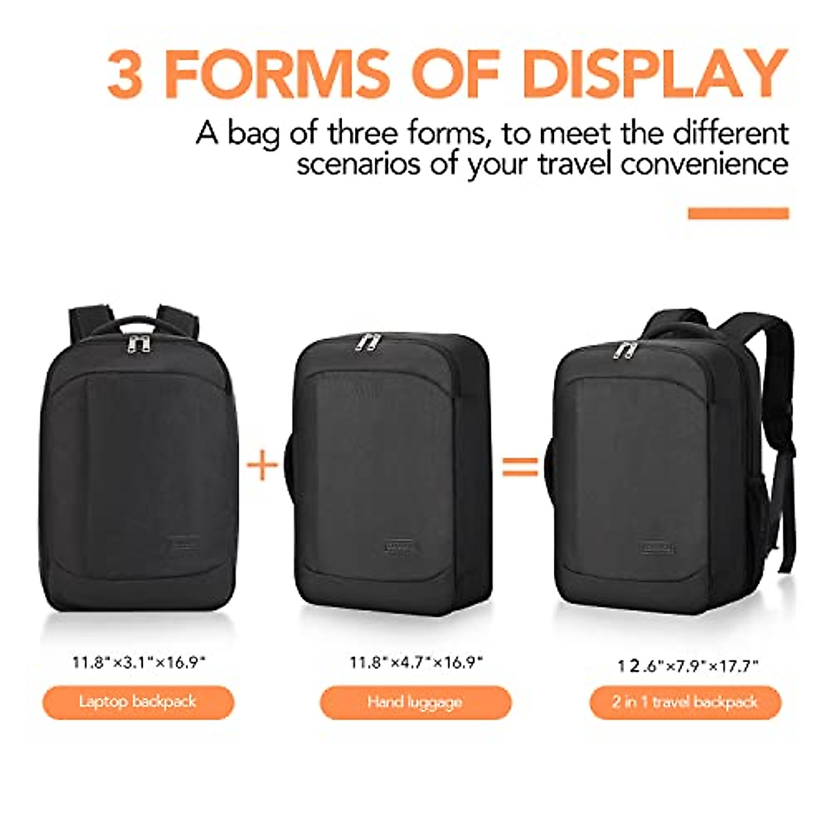 Conworld Travel Backpack 2 in 1, 40L Carry on Backpack Flight Approved for Men Women, Combination Carry on Backpack Lightweight Business Weekender Bag Overnight Backpack With 6 Storage Bags, Black
