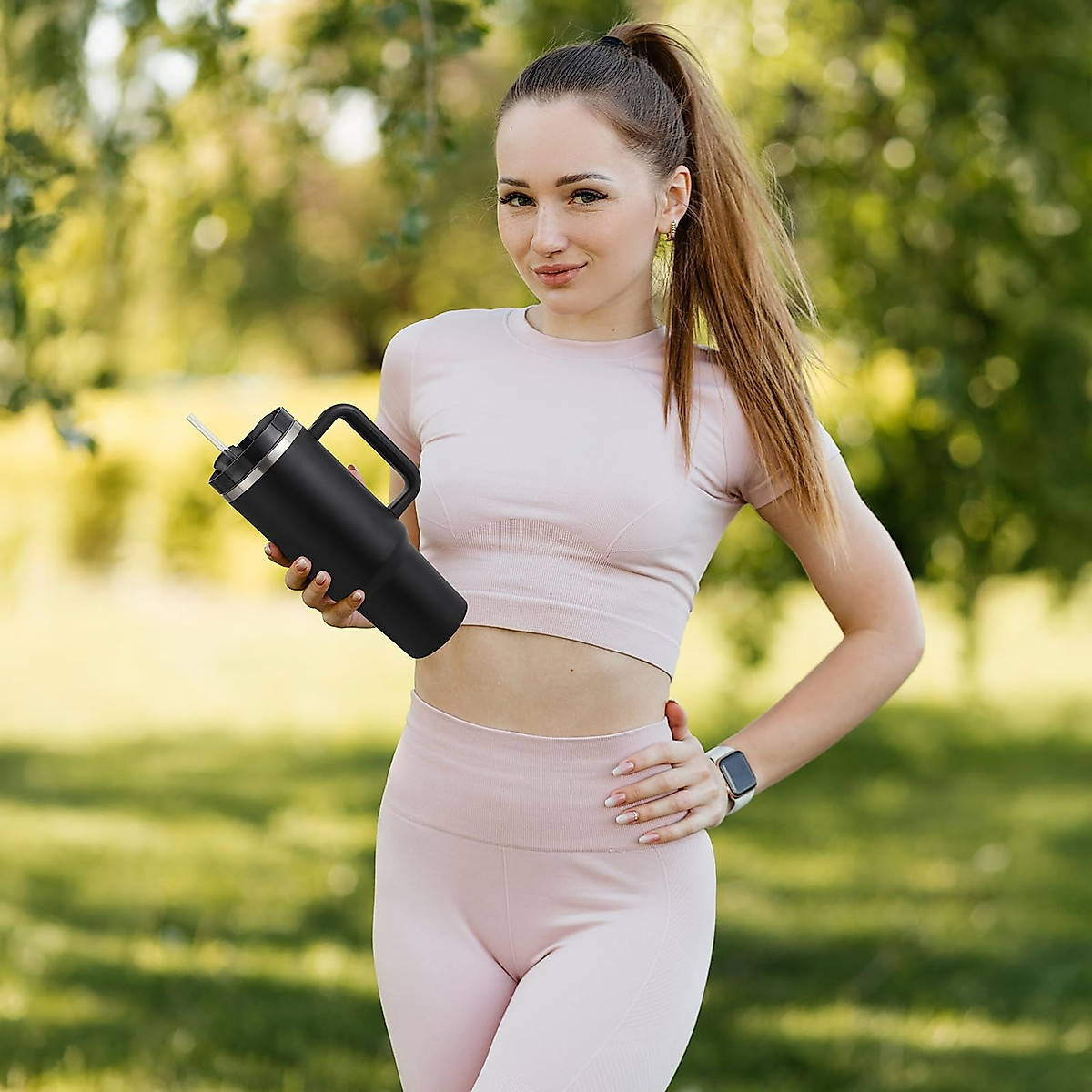 PIMDIR 40oz Tumbler with Handle Straw Lid, Stainless Steel Vacuum Insulated Reusable Travel Mug Keep Drinks Cold Ice Gym Cup, Gifts for Women Men Lovers, Car Holder Friendly, Black