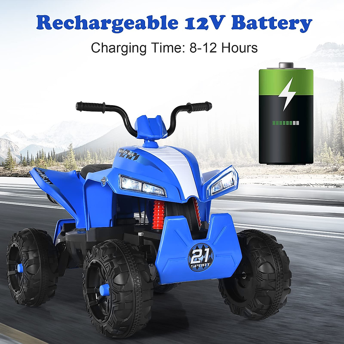 Costzon Kids ATV, 12V Battery Powered Electric Vehicle w/LED Lights, 4-Wheel Suspension, Music, Story, USB, MP3, Extended Seat, Ride on Car 4 Wheeler Quad for Boys & Girls Gift, Ride on ATV (Blue)