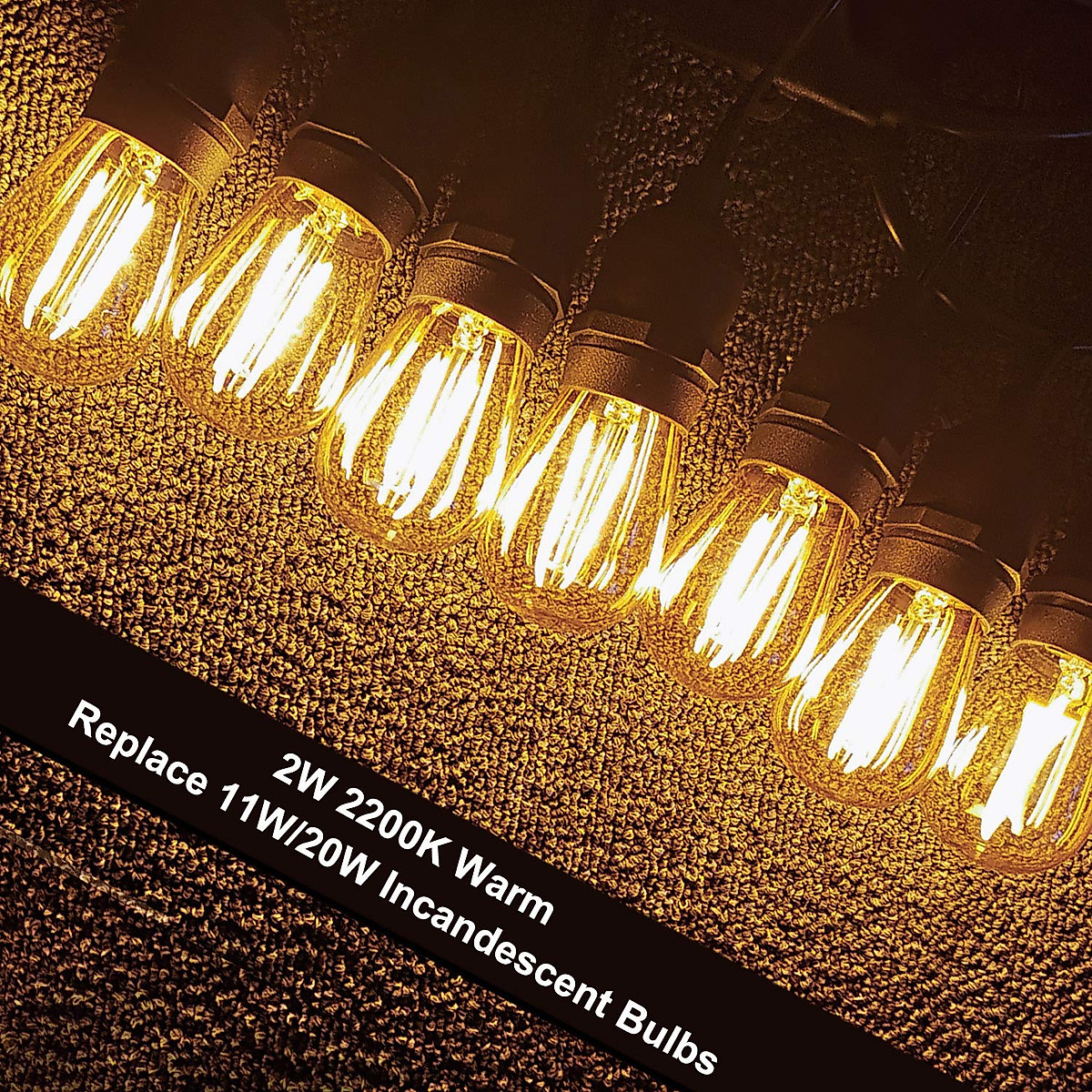 Hizashi S14 Replacement Light Bulbs, 2W=25 Watt Outdoor Edison Bulbs Dimmable E26 Base, Amber 2200K S14 LED Bulbs, Outdoor String Lights Bulbs Replacement, Shatterproof Waterproof, UL Listed, 6 Pack