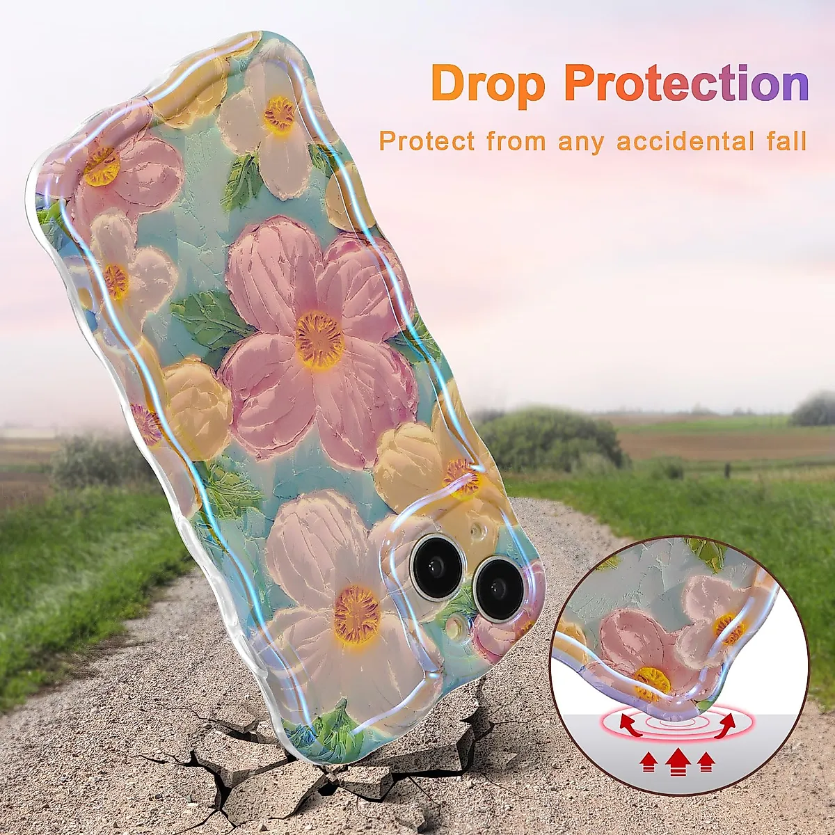 EYZUTAK Case for iPhone 14, Colorful Retro Oil Painting Printed Flower Laser Beam Glossy Pattern Cute Curly Waves Border Exquisite Phone Cover Stylish Durable TPU Protective Case for Girls Women-Green