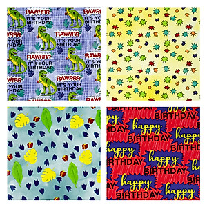 WRAPAHOLIC Birthday Wrapping Paper Roll - Dinosaur and Irregular Pattern Design Perfect for Celebration, Party, Baby Boy Present Packing - 4 Rolls - 30 inch X 120 inch Per Roll