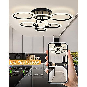 SEABLE Modern LED Ceiling Light 7 Rings Dimmable Ceiling Light Fixtures with Remote Black Close to Ceiling Light 31.8" 130W 3000K-6500K Flush Mount Ceiling Lamp for Living Room,Bedroom,Kitchen