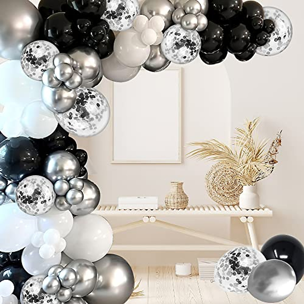 Black Silver Balloons Garland Kit - 100Pcs Black White Metallic Silver and Silver Confetti Latex Balloons Arch for Wedding Engagement Birthday Party Decorations