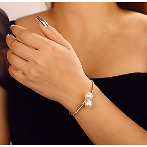 YERTTER Gold Full Rhinestone Crystal Pearl Open Bangle Bracelet Tennis Chain Cuff 1920s Pearl Cuff Bridal Bangle Bracelet Wedding Hand Chain Gift for Women Girls (Style A-Gold)