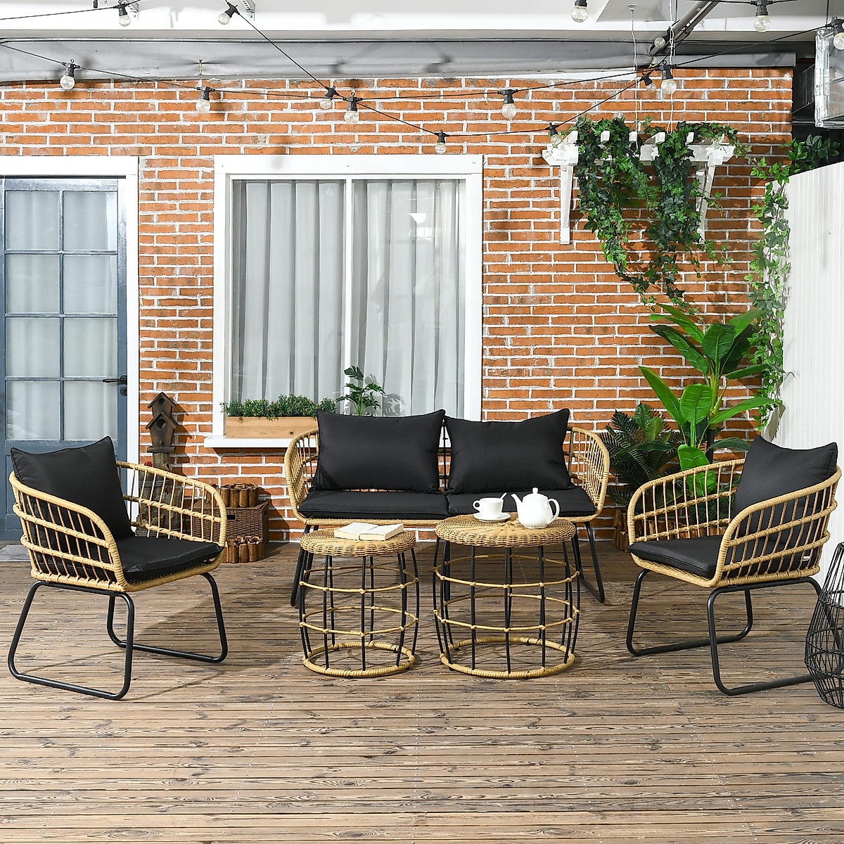 Outsunny 5 Piece PE Rattan Outdoor Furniture Set with Cushioned Chairs & Loveseat Sofa, Patio Sectional Furniture Set, Conversation Sofa Set with Stackable Coffee Tables, Black