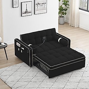 LITVZ Love Seat Sleeper Bed, 3 in 1 Convertible Sleeper Sofa Couch with Pull Out Bed, Velvet Futon Sofa Bed with Phone Holder, Pillows and Pockets for Living Room Apartment Small Place (Black)
