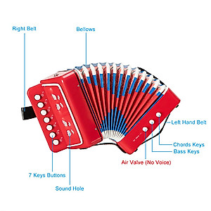10 Keys Button Accordion for Kids ,Mini Accordian Musical Instrument for Early Childhood Development ,Gift for Family, Beginners Red