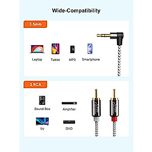 CableCreation 3.5mm to RCA Cable 10FT, Angle 3.5mm Male to 2RCA Male Auxiliary Stereo Audio Y Splitter Gold-Plated for Smartphones, MP3, Tablets, Speakers, Home Theater, HDTV, 3M
