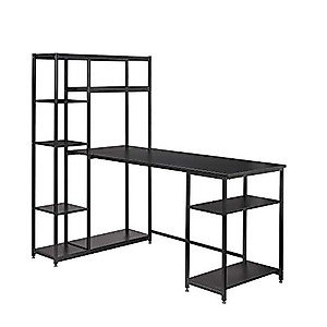 Modern Luxe L-Shaped Corner with Bookshelf 2-Pieces Computer PC Table Set Home Office Desk with Shelves, Black
