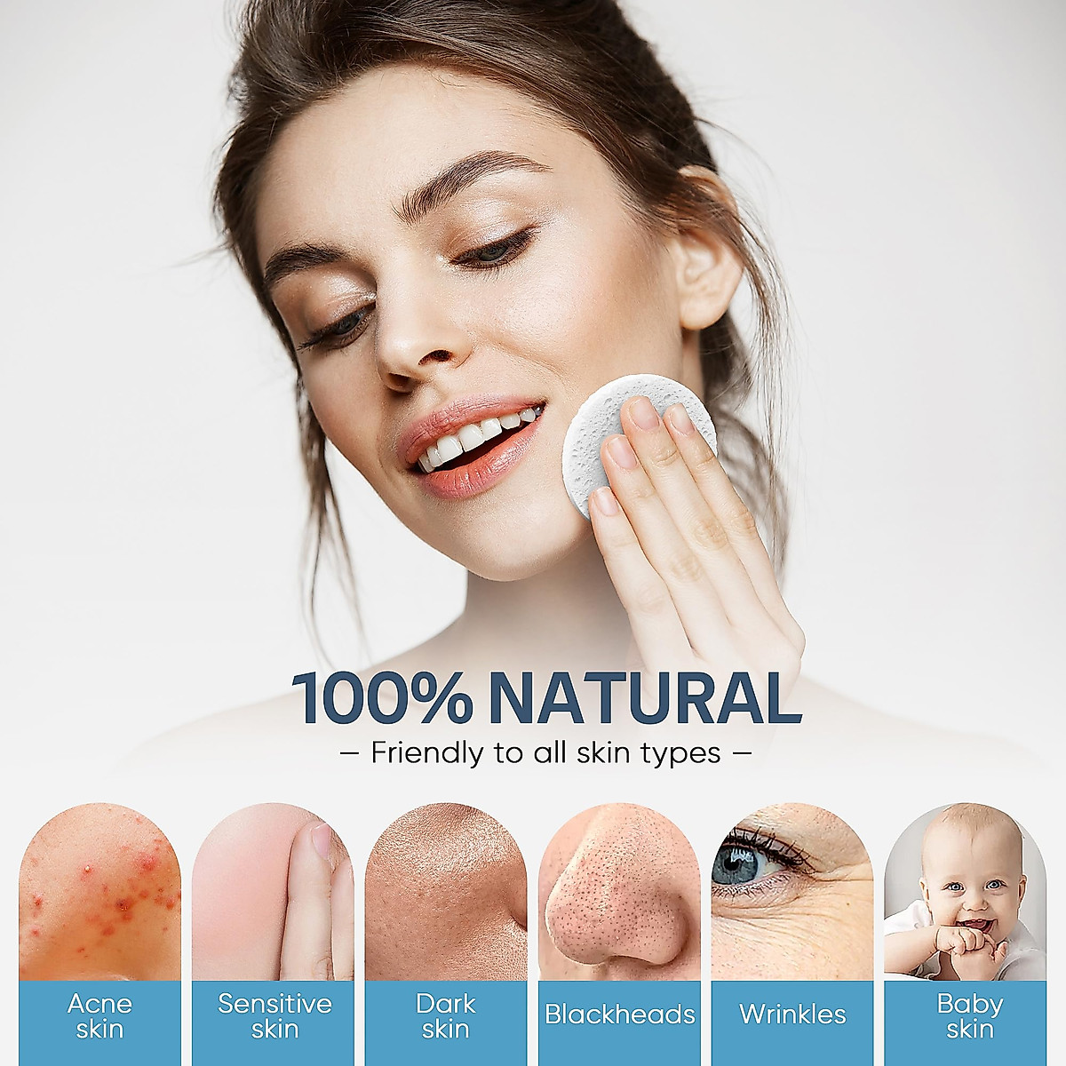 GAINWELL 50-Count Compressed Facial Sponges with Storage Container, for Facial Cleansing, Reusable Makeup Remover, Portable, Suitable for Travel, White