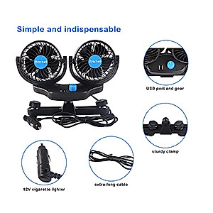 KWYZ 12 Volt Car Fan for Back Seat Passenger, Portable Car Seat Fan Headrest 360° Rotatable Backseat Cooling Air Fan with 2 USB Charging Port & Cigarette Lighter Plug for Vehicles, SUV, RV, Boat