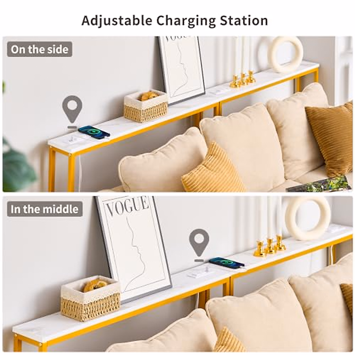 ELYKEN 5.9" Narrow Console Sofa Table with Power Outlets and USB Port, 5.9" Dx39.4 Wx31.1 H Marble Texture Skinny Couch Table with Bright Yellow Metal Frame