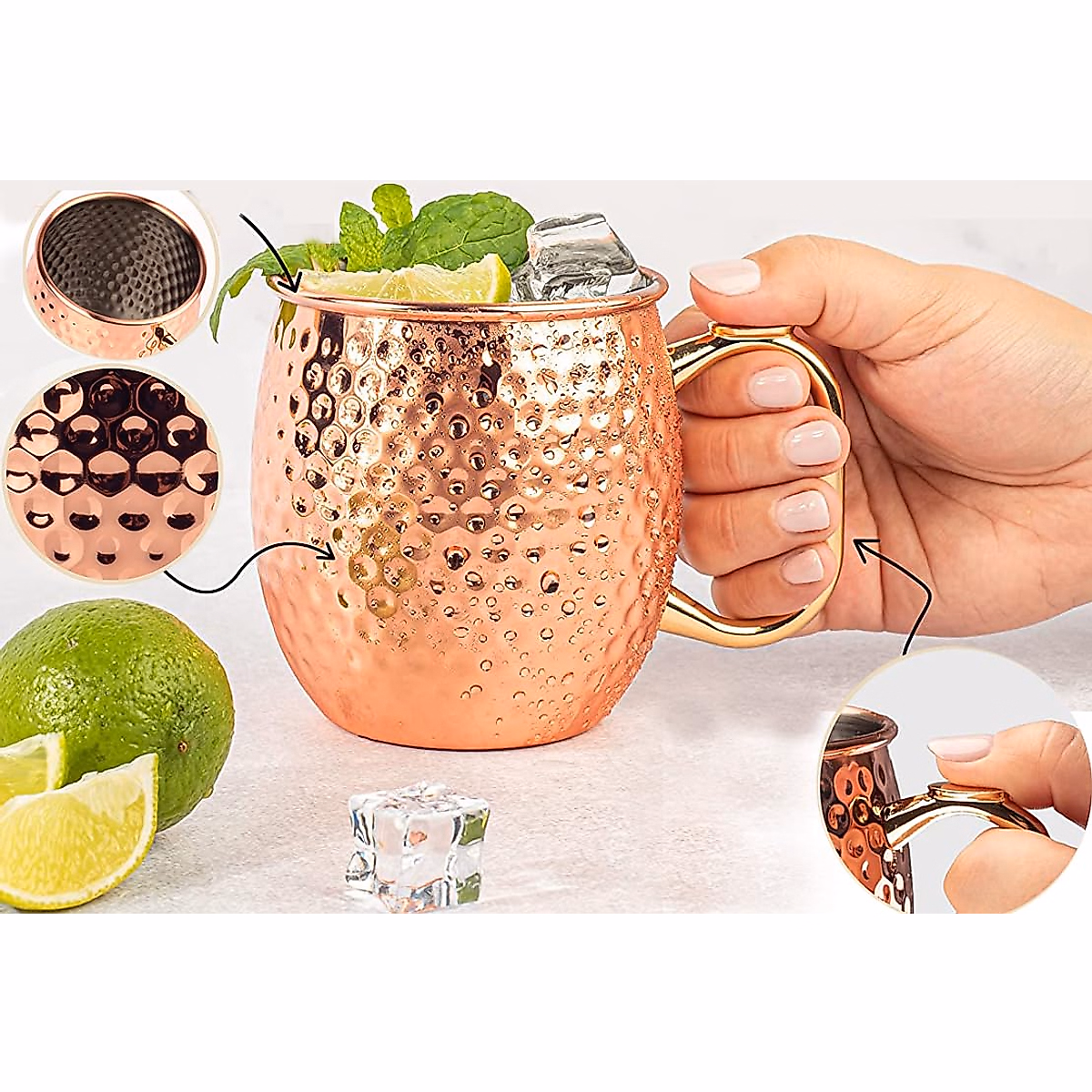Moscow Mule Mugs | Thumb Rest Gold Brass Handles | Large Size 19 ounces | Set of 4 Hammered Cups | Stainless Steel Lining | Pure Copper Plating | Gift Set