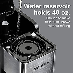 Proctor Silex Single-Serve Coffee Maker Compatible with Pod Packs and Grounds, 40 oz. Reservoir Makes Four 10 oz. Cups Without Refilling, Black & Stainless Steel (49919)