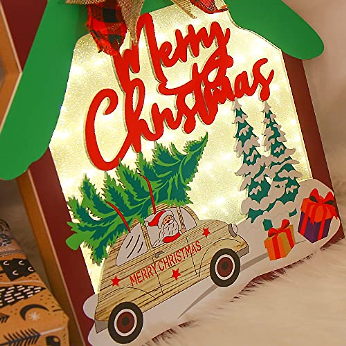 KIMOBER Lighted Merry Christmas Hanging Sign,Battery Operated Rustic Wooden Cabin Hanging Xmas Sign for Front Door Outdoor Indoor Decorations