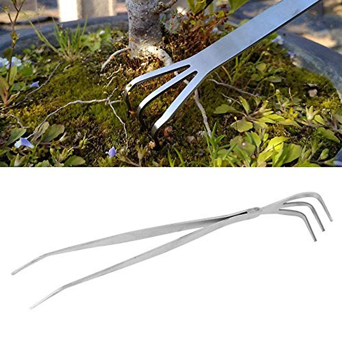 Maxmartt Bonsai Root Rake,2-in-1 Stainless Steel Root Rake Bonsai Tweezers Soil Farming Tool with Ergonomical Handle