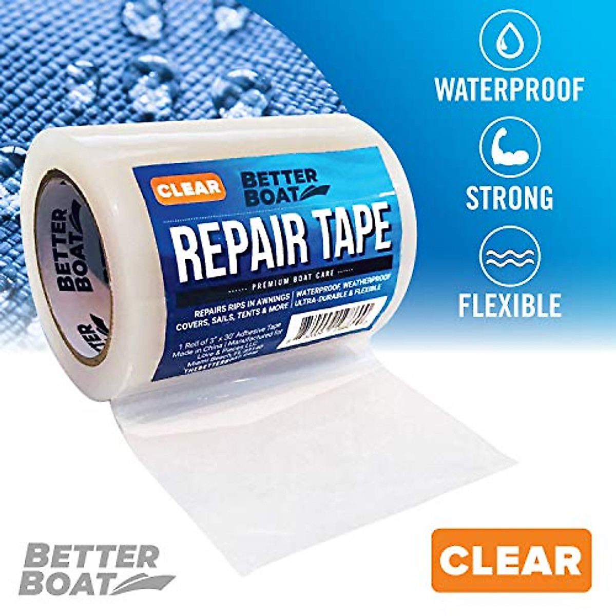 Repair Tape Fabric Repair Boat Covers Canvas Repair Tape Pop Up Camper RV Awning Repair Tape Tarp Canopy Tear & Vinyl Waterproof Bimini Tops Sail Air Mattress Patch Kit 30FTx3 Clear Heavy Duty