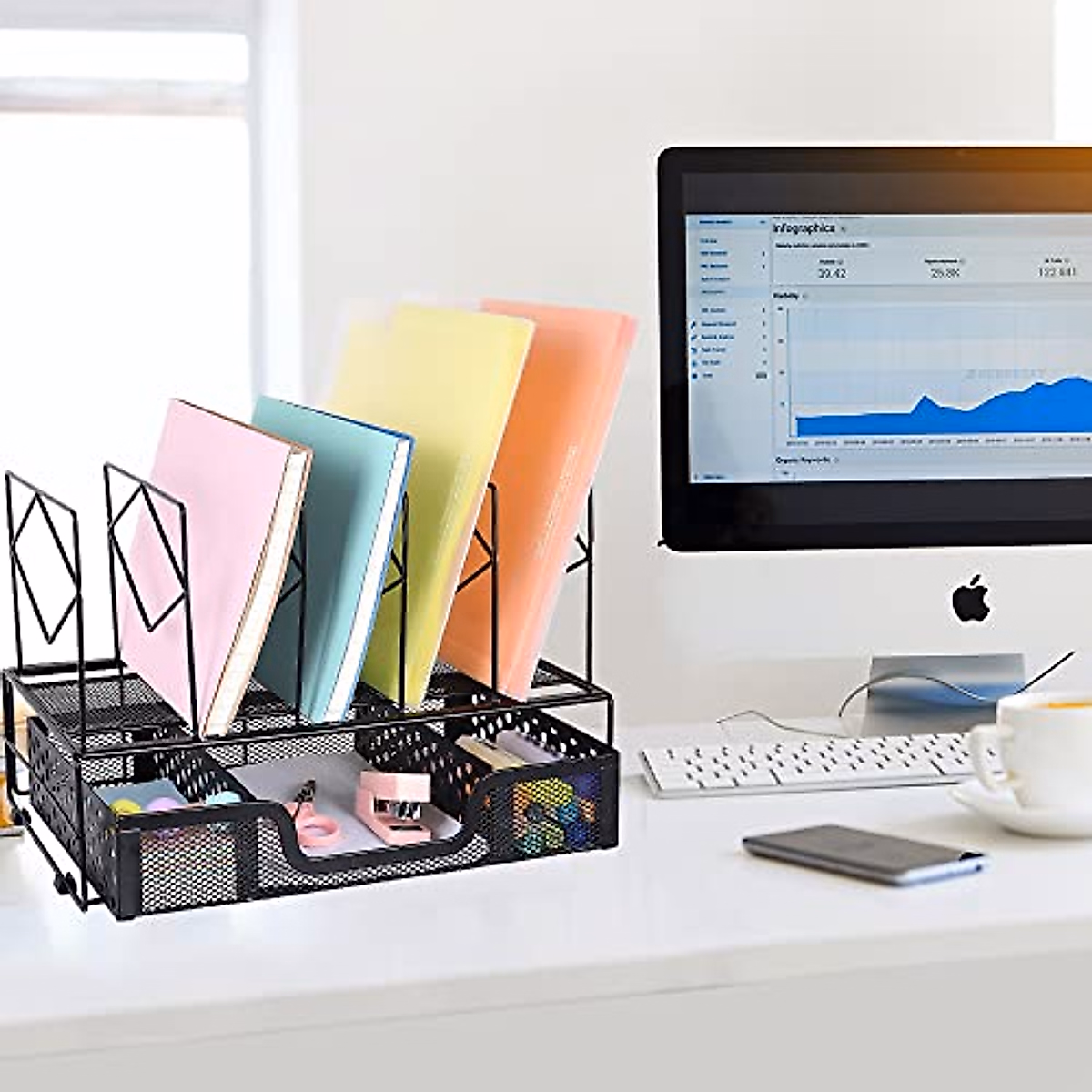 Spacrea Desk Organizers and Accessories, File Folder Holders Desktop Organization with 5 Upright Sections & Drawer, Great for Workspace College Dorm Home Office（Black）
