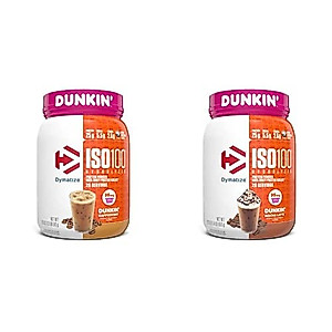 Dymatize ISO100 Hydrolyzed 100% Whey Isolate Protein Powder in Dunkin' Cappuccino Flavor + Dunkin' Mocha Latte Flavor, 25g Protein, 95mg Caffeine, 5.5g BCAAs, 20 Servings
