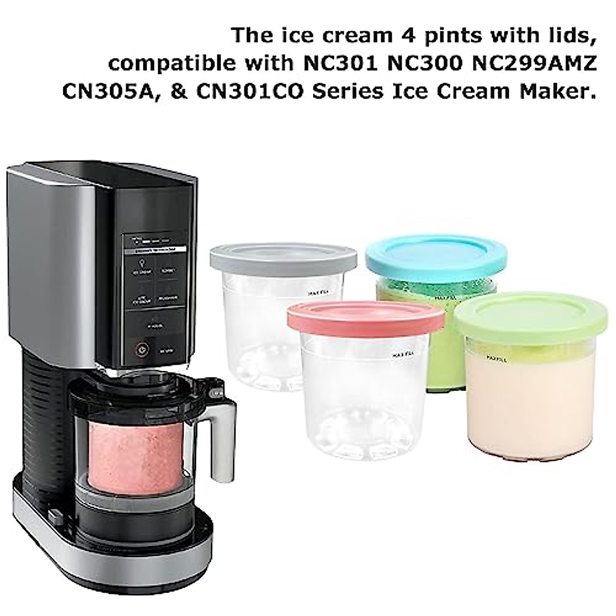 16 oz Ice Cream Pints Ice Cream Containers and Lids,Creami Pint Containers Color lids Ice Cream Storage Containers BPA-Free & Dishwasher Safe Cream Pints Cup for NC301 NC300 NC299AMZ Series (4Pcs)