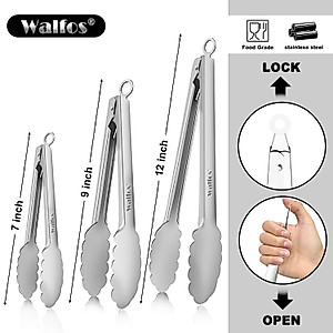 Walfos All Metal Kitchen Tongs for Cooking, BBQ Grilling, 600℉ Heat Resistant Stainless Steel Tongs - Heavy Duty 7 ，9 and 12 Inch Locking Tongs Set of 3