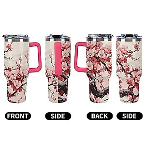 40 Oz Vacuum Tumbler with Light Rose Red Handle Leakproof Insulated Tumbler Japanese Floral Cherry Blossom Stainless Steel Travel Mug with Lid And Straw Coffee Cup Cute Water Bottles Cup Holder Friend