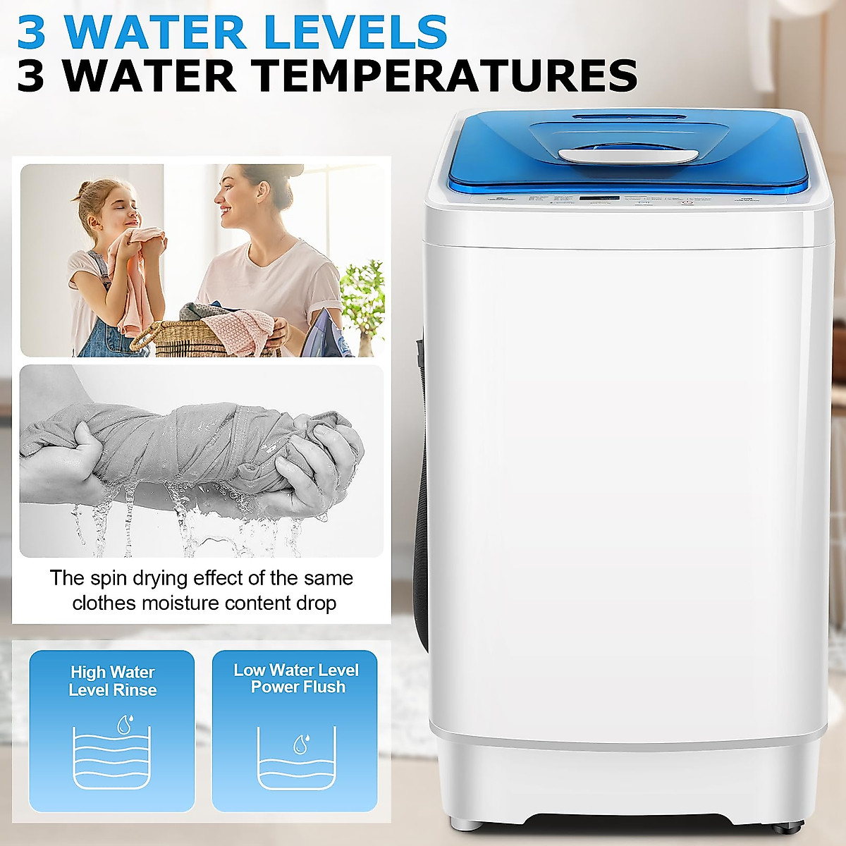 Nictemaw Portable Washing Machine 17.8Lbs Portable Washer 2.3 Cu.ft Full Automatic Washer and Dryer Combo with 8 Programs 3 Water Temps 3 Water Levels, Drain Pump, Wheels, for Apartment Home RVs