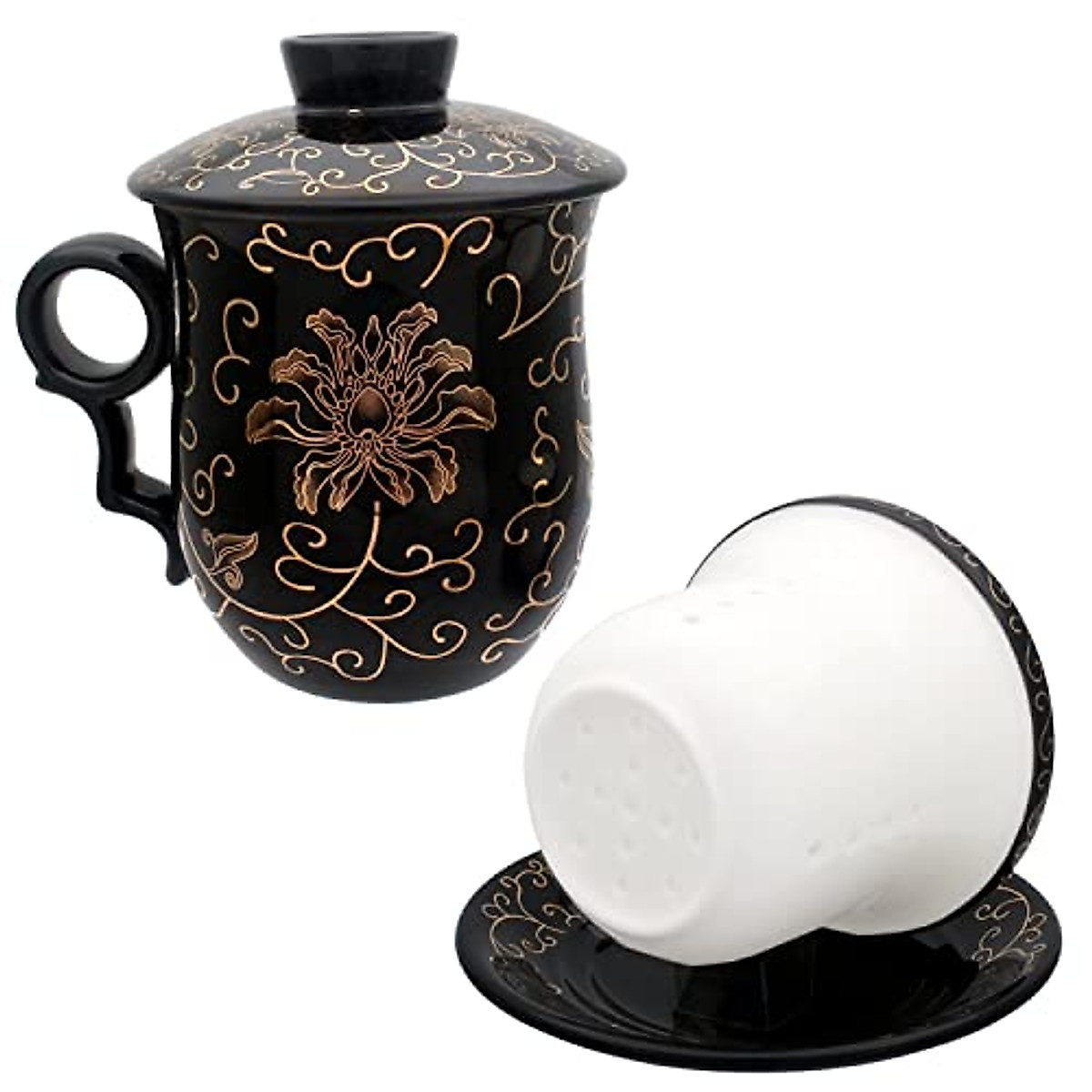 Tea Talent Porcelain Tea Cup with Infuser Lid and Saucer Sets - Chinese Jingdezhen Ceramics Coffee Mug Teacup Loose Leaf Tea Brewing System for Home Office