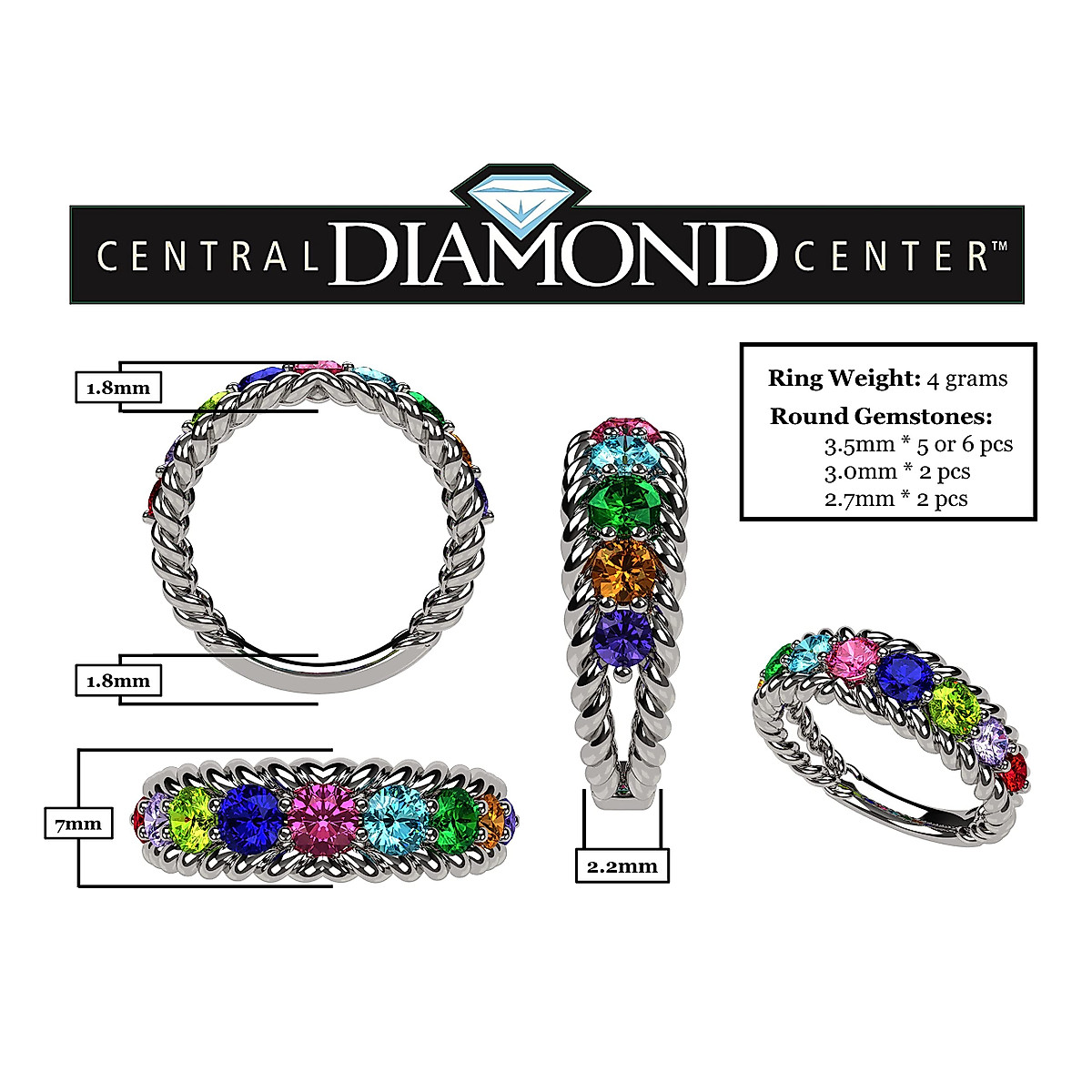 Central Diamond Center Rope Mothers Ring 1 to 10 Simulated Birthstones - Sterling Silver - Platinum Plated - Size 7