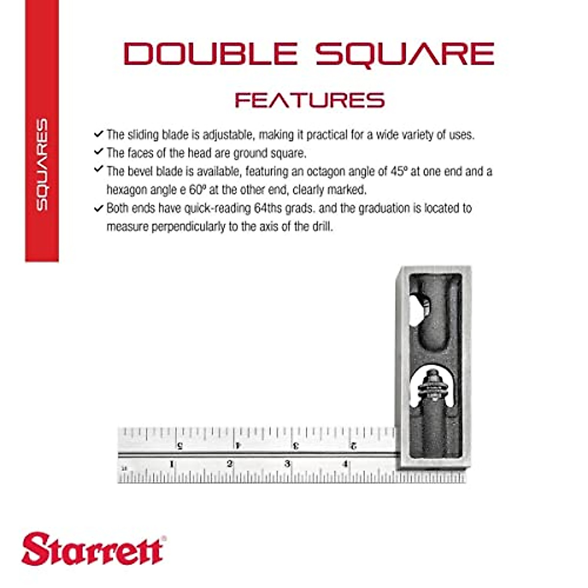 Starrett Steel Inch Reading Double Square with Hardened Graduated Blade - Ideal for Machinists, Toolmakers, Patternmakers - 6" Blade Length, 4R Graduation - 13C
