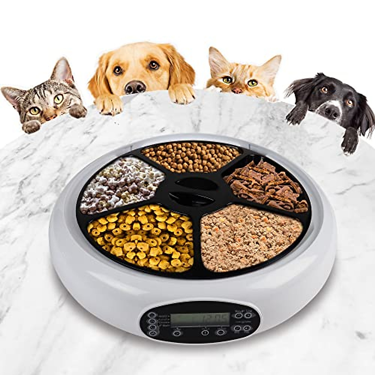 Lentek 5 Meal Automatic Pet Feeder with Voice Message, White, Wet and Dry Food Dispenser for Cat or Dog, 5 oz Compartments for Portion Control, 25 oz Total Capacity