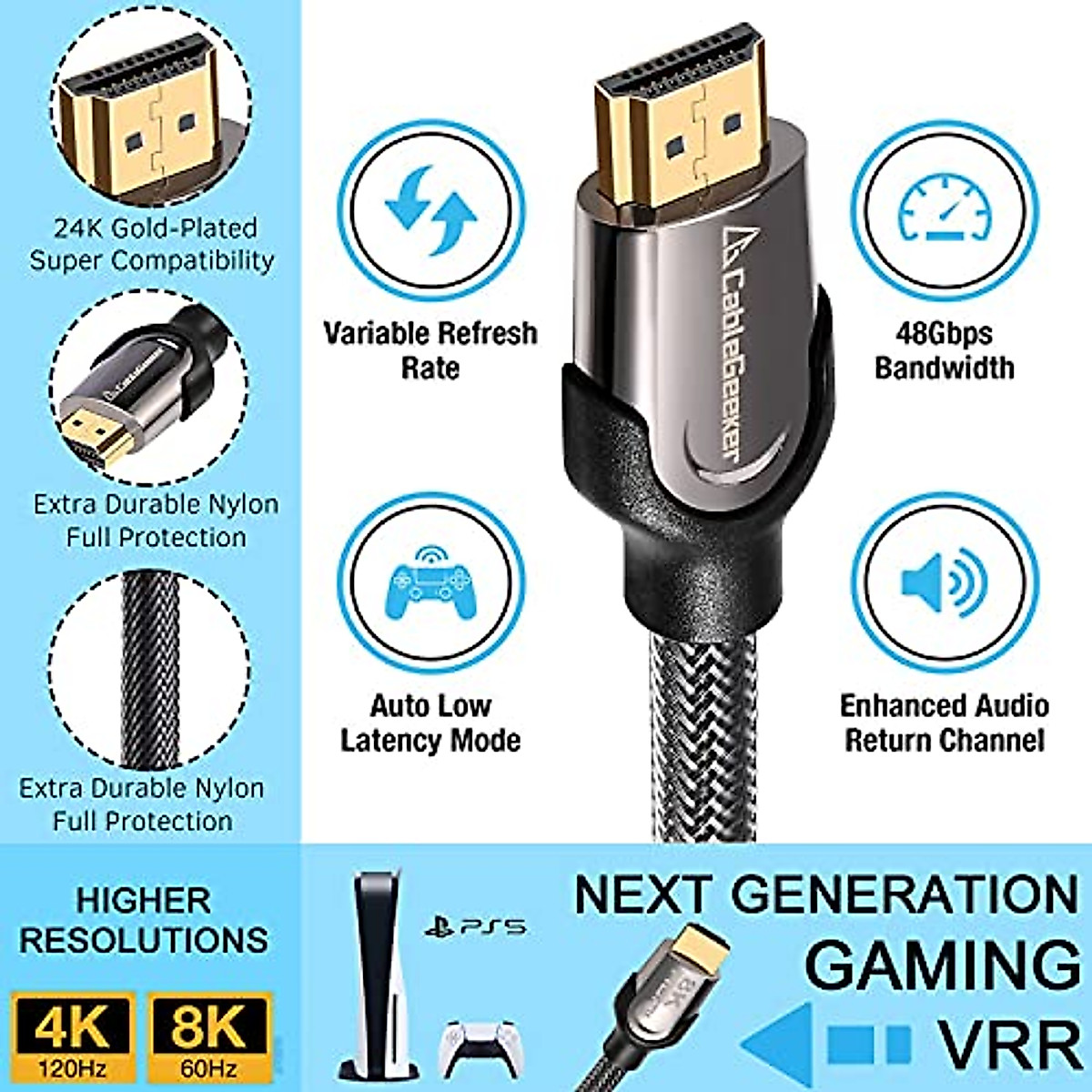 8K HDMI 2.1 Cable, 48Gbps Ultra HD Lead High-Speed Cord, Supports 8K@60Hz, 4K@120Hz, eARC HDR10, HDCP 2.2/2.3 Dolby, 3D, VRR, Compatible with Fire TV/Roku TV/PS5/Xbox/Nintendo Switch and More (2.5 ft)