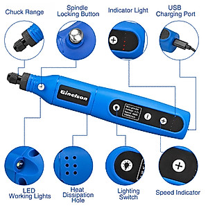 GINELSON Cordless Rotary Tool, 2000 mAh Battery Pack, 5-Speed and USB-C Charging Rotary Tool Kit with 64 Accessories, Multi-Purpose 3.7V Power Rotary Tool for Sanding, Polishing, Engraving, DIY Crafts