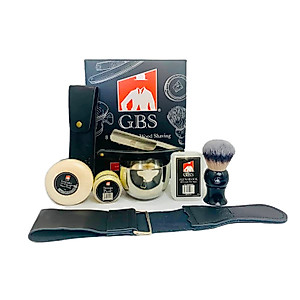 G.B.S Men’s Wet Shaving Kit Shaving Stainless Steel Razor Wood Handle with Case Synthetic Badger Hair Brush All-Natural Shave Soap Chrome Shaving Bowl Leather Strop Alum Block