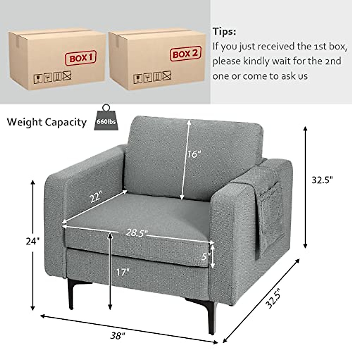 Giantex Single Sofa, Accent Chair, Leisure Chair w/Comfy Thick Cushion, Armrest Magazine Pockets, Metal Legs, Living Room Upholstered Armchair for Bedroom Reception Room