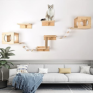 Cat Wall Shelves and Perches Set, Floating Cat Wood Climb Furniture, Cat Wall-Mounted Playing Climber, 2 Cat Houses & 4 Cat Shelves & 2 Ladders & 1 Cat Scratching Post