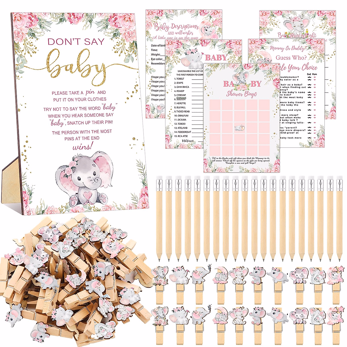 Patelai 321 Pcs Baby Shower Games Supplies, 5 Sets (50 Cards Each) Activities Cards with 20 Pencils 1 Don't Say Baby Sign 50 Clothespin(Pink Elephant)