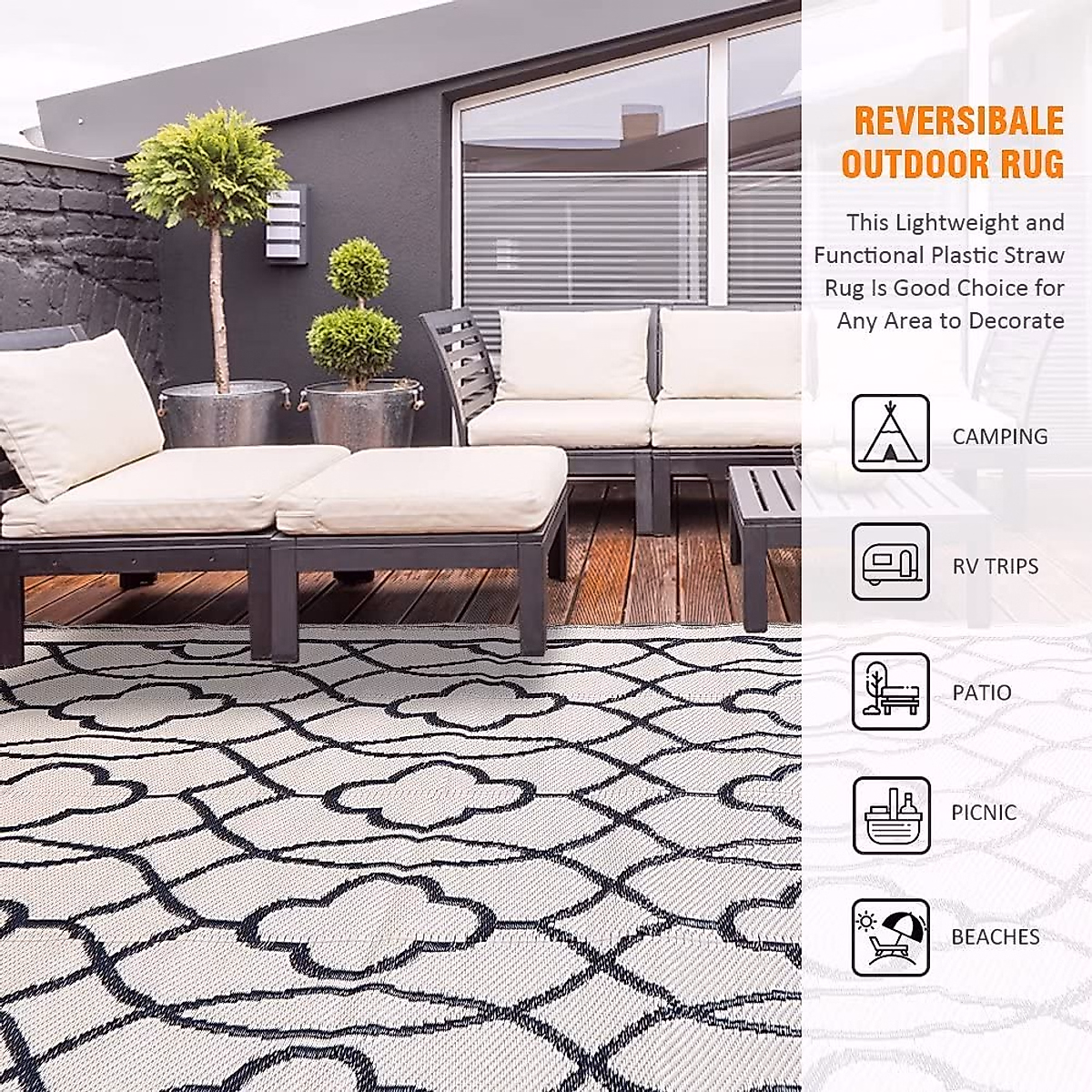 Pendolr Reversible Mats - Outdoor Rugs 9'x12' for Patios Clearance, Plastic Straw Rugs Waterproof, Portable, Outdoor RV Camping Rug, Garden, Balcony, Picnic, Beach, Camping(Black & Beige)