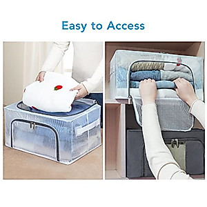 Baesyhom Clear Stackable Steel Metal Frame Clothes Storage Bins Foldable Fabric Storage Bag Closet Storage Bin Blanket Storage Container Organizer with Carrying Handles and Front Window, 3 Pack, 24L