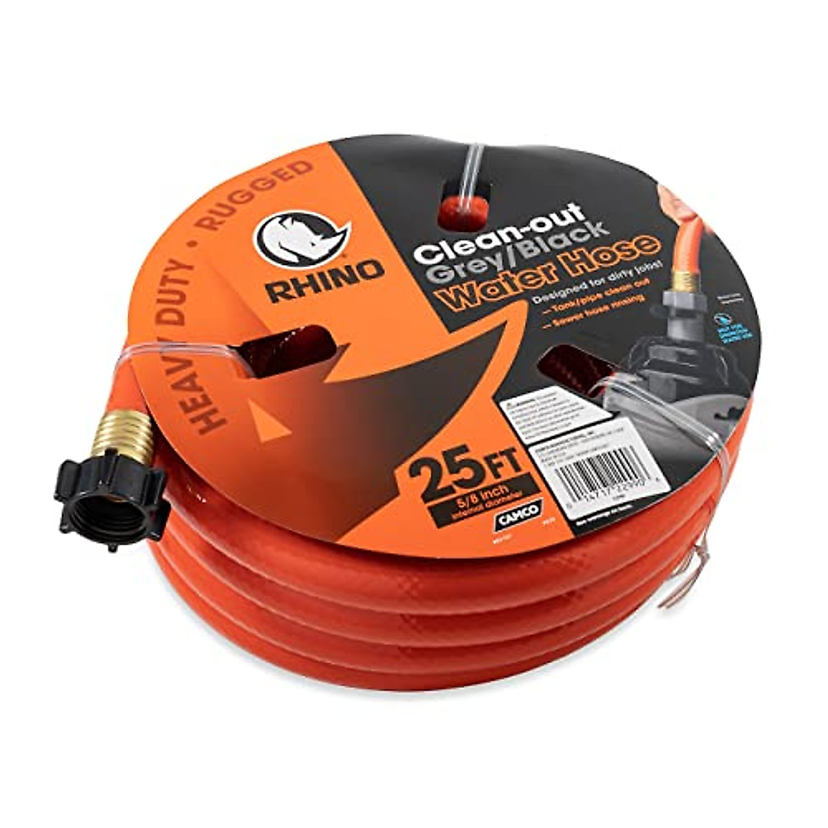 Camco Rhino 25Ft Clean-Out Camper & RV Black Water Hose - Features a Heavy-Duty PVC Design & Bright Orange Color - Clean-Out Camper Black Water, Grey Water or Tote Tanks - 5/8” Inside Diameter (22990)