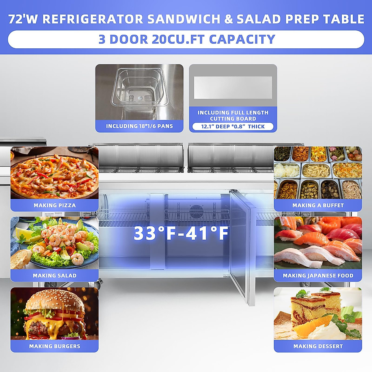 JINSONG 72" Refrigerator Sandwich & Salad Prep Table, Stainless Steel Refrigerated Food Prep Station, 20 cu. ft with Cutting Board and 18 Pans for Restaurants, Bar, Shops, etc