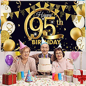 Birthday Party Decoration Extra Large Fabric Black Gold Sign Poster for Anniversary Photo Booth Backdrop Background Banner, Birthday Party Supplies, 72.8 x 43.3 Inch (95th)