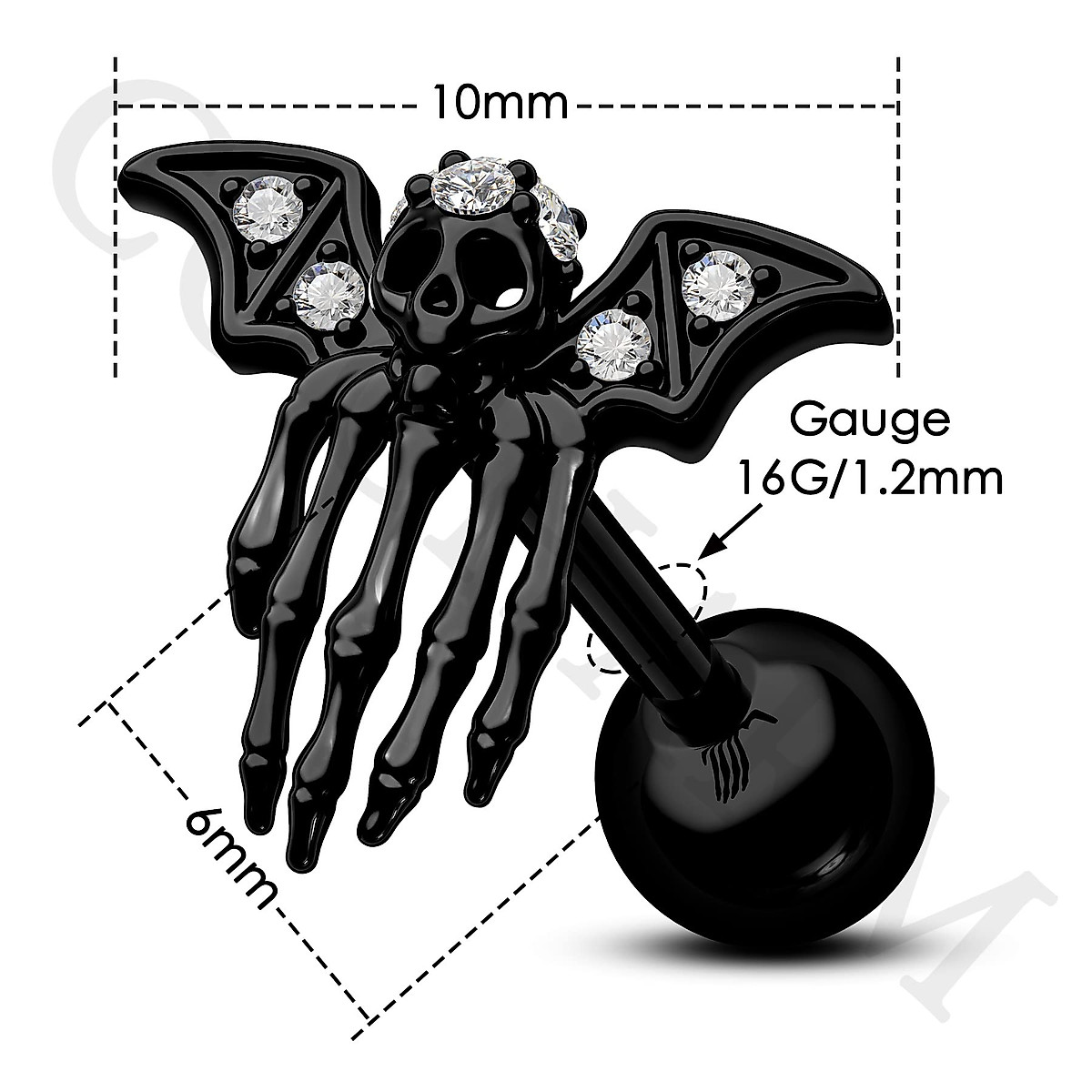COCHARM 16g Black Bat Helix Earring Stud Halloween Bat Cartilage Piercing Bat Wing Cartilage Earrings 6mm Vampire Skeleton Hand Helix Jewelry for Women Man