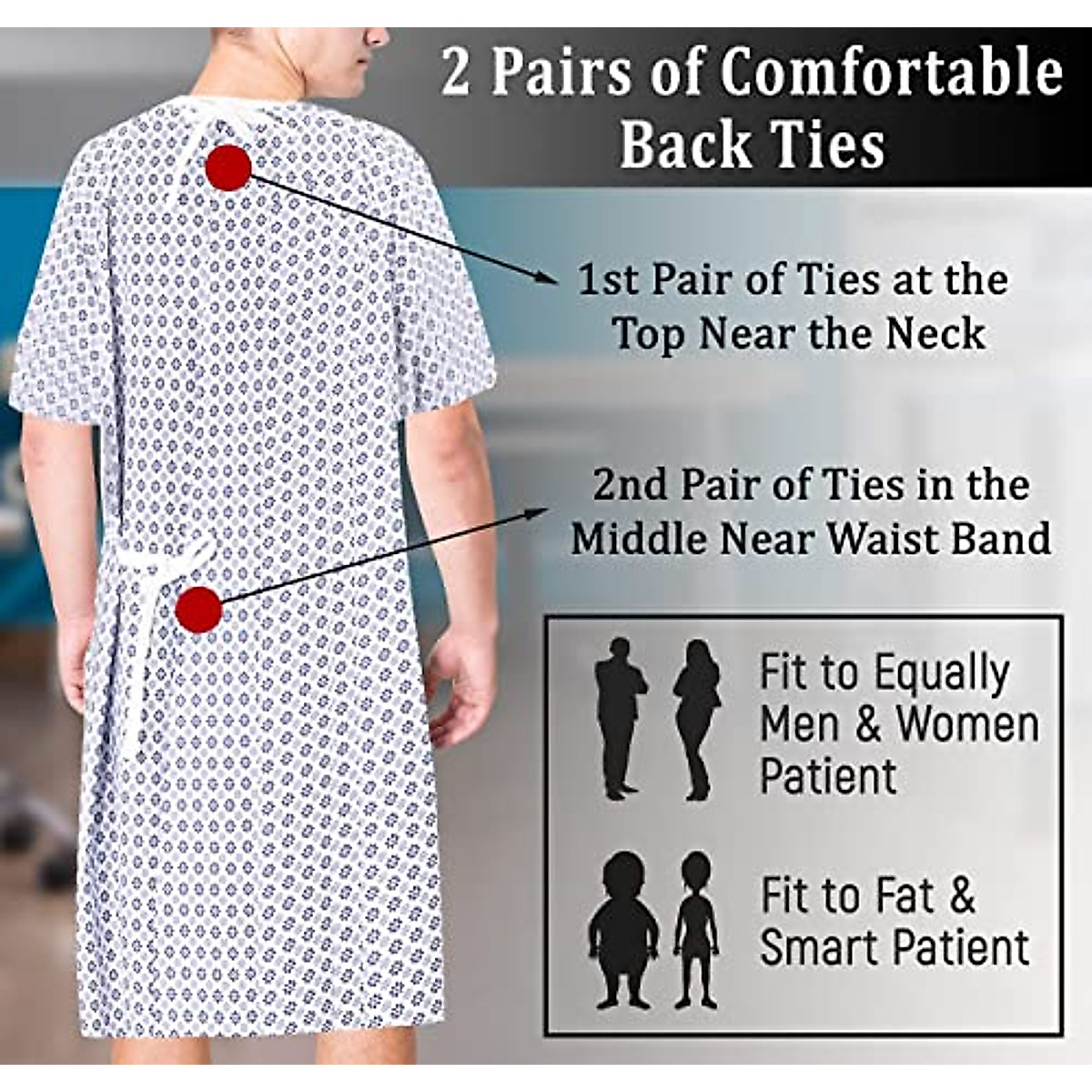 RUVANTI 2 Pack Hospital Gowns for Women/Men - Medical Patient Gowns for Elderly Women - Plus Size Gowns for Home Care - Labor and Delivery/Nursing - Comfortably Fits Sizes up to 2XL